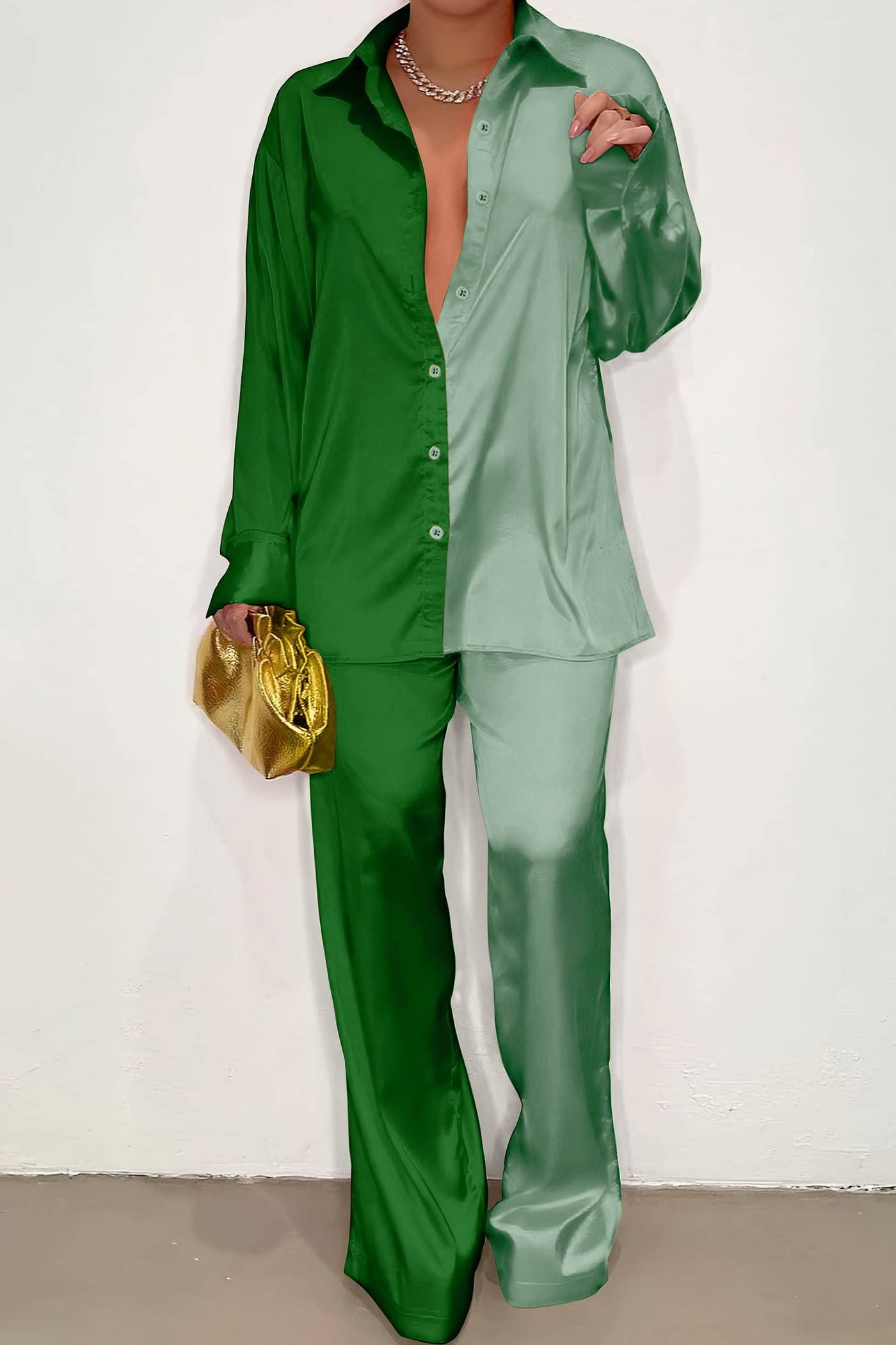 PRETTYGARDEN Women's 2 Piece Satin Outfits Long Sleeve Button Down Tops Wide Leg Pants Silk Loungewear Pajama Sets (Grass Green_Light Green,Medium)