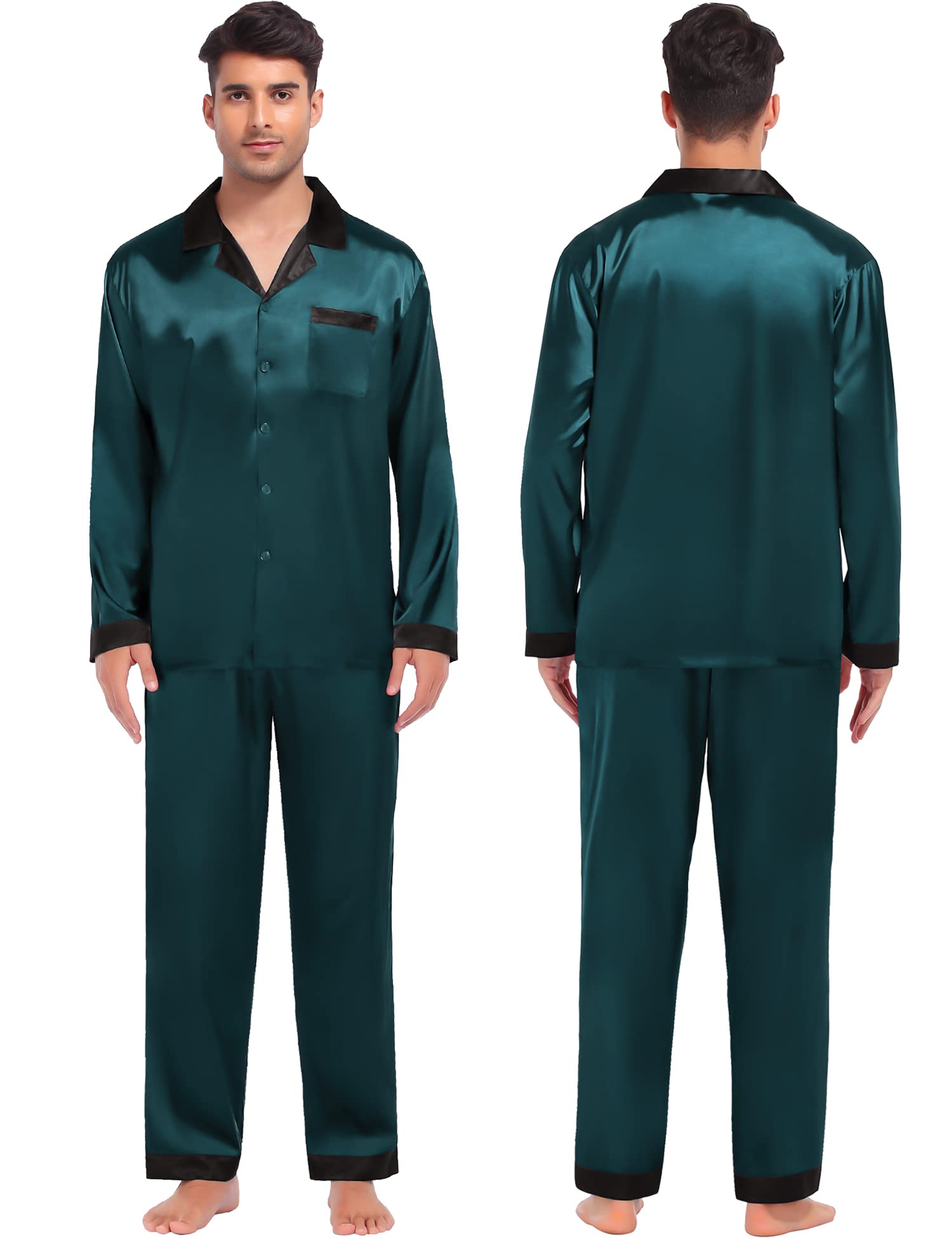 SWOMOG Couples Pajama Sets Women & Men Silky Satin Long Sleeve Sleepwear Classic Button Down Soft Loungewear Pjs Set Women Deep Green Large