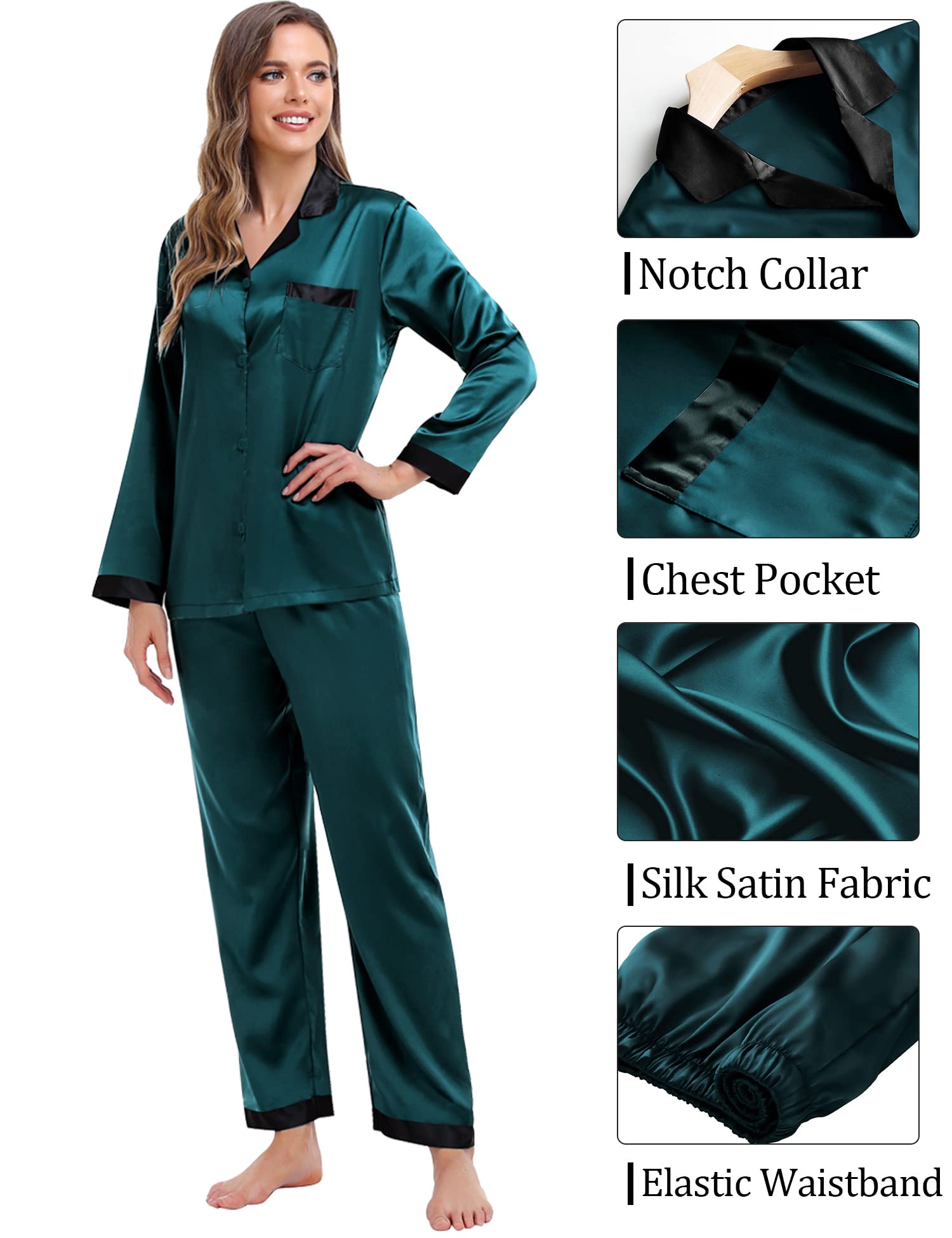 SWOMOG Couples Pajama Sets Women & Men Silky Satin Long Sleeve Sleepwear Classic Button Down Soft Loungewear Pjs Set Women Deep Green Large