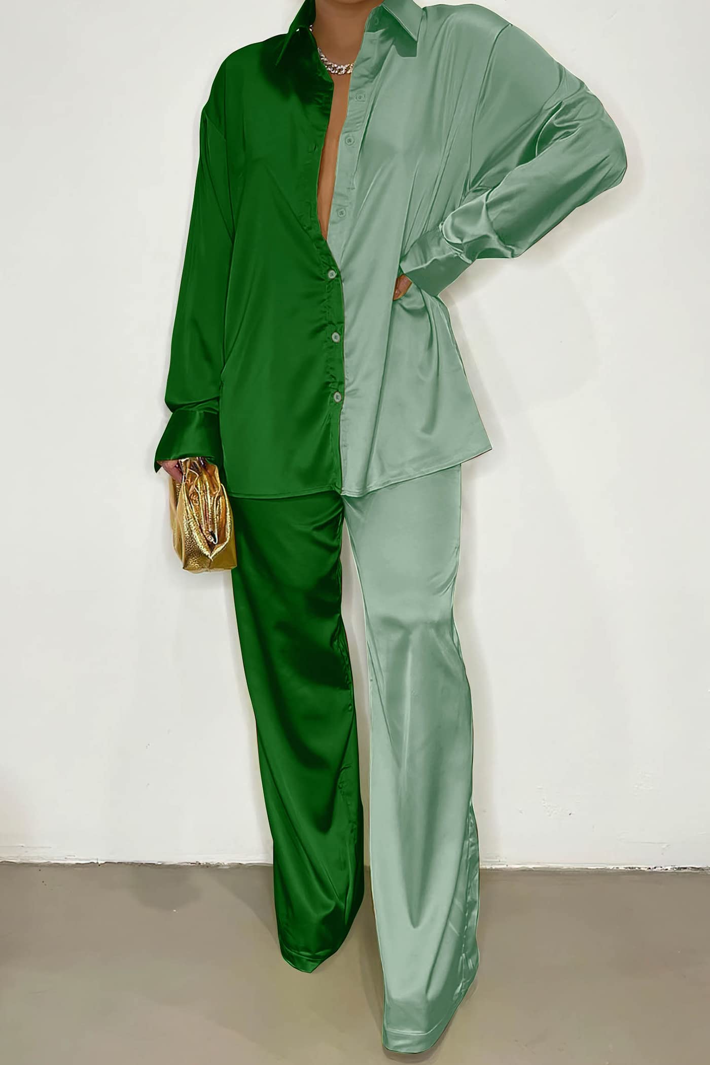 PRETTYGARDEN Women's 2 Piece Satin Outfits Long Sleeve Button Down Tops Wide Leg Pants Silk Loungewear Pajama Sets (Grass Green_Light Green,Medium)