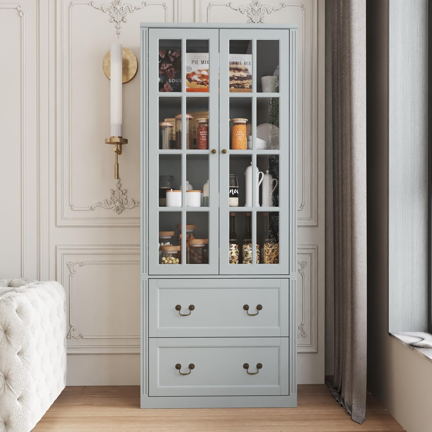 Homsee 78.7" H Bookcase Bookshelf with 4-Tier Shelves, 2 Drawers & 2 Glass Doors, Wooden Display Storage Cabinet for Home Office, Living Room, Green Grey