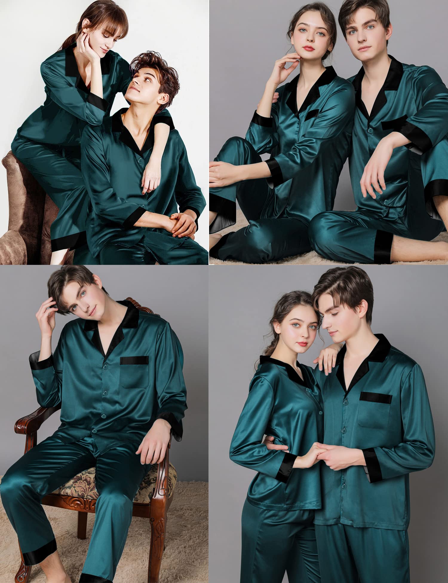 SWOMOG Couples Pajama Sets Women & Men Silky Satin Long Sleeve Sleepwear Classic Button Down Soft Loungewear Pjs Set Women Deep Green Large