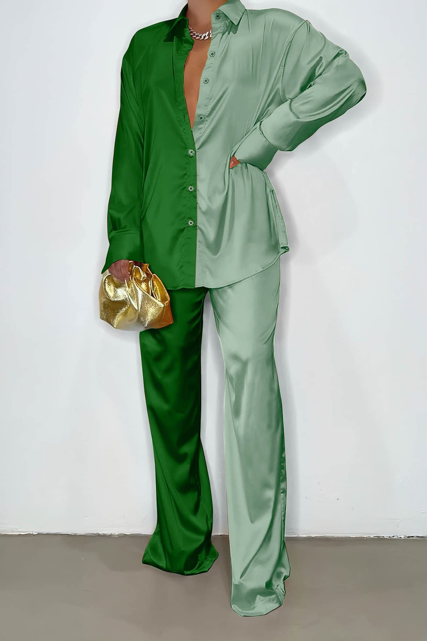 PRETTYGARDEN Women's 2 Piece Satin Outfits Long Sleeve Button Down Tops Wide Leg Pants Silk Loungewear Pajama Sets (Grass Green_Light Green,Medium)