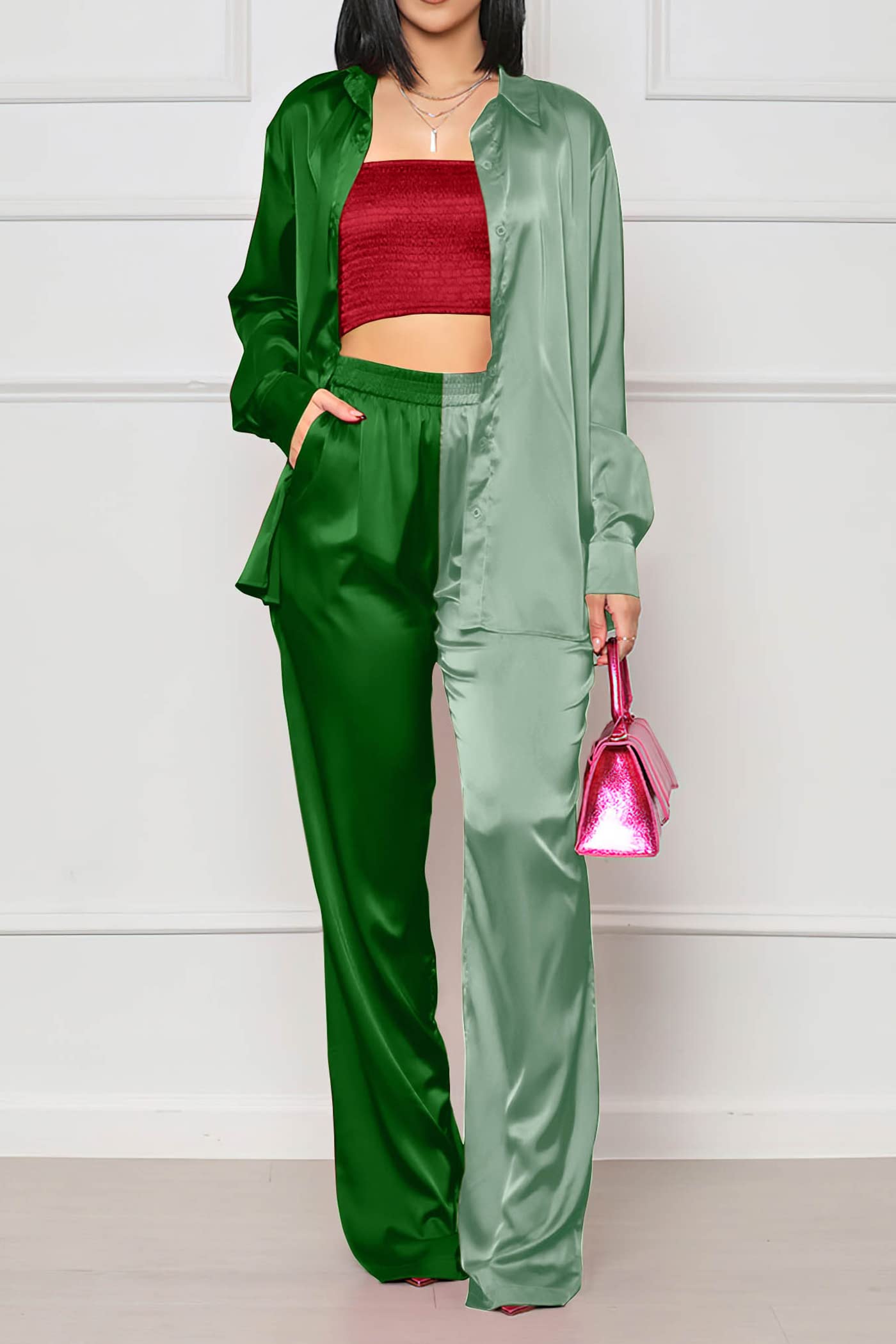 PRETTYGARDEN Women's 2 Piece Satin Outfits Long Sleeve Button Down Tops Wide Leg Pants Silk Loungewear Pajama Sets (Grass Green_Light Green,Medium)