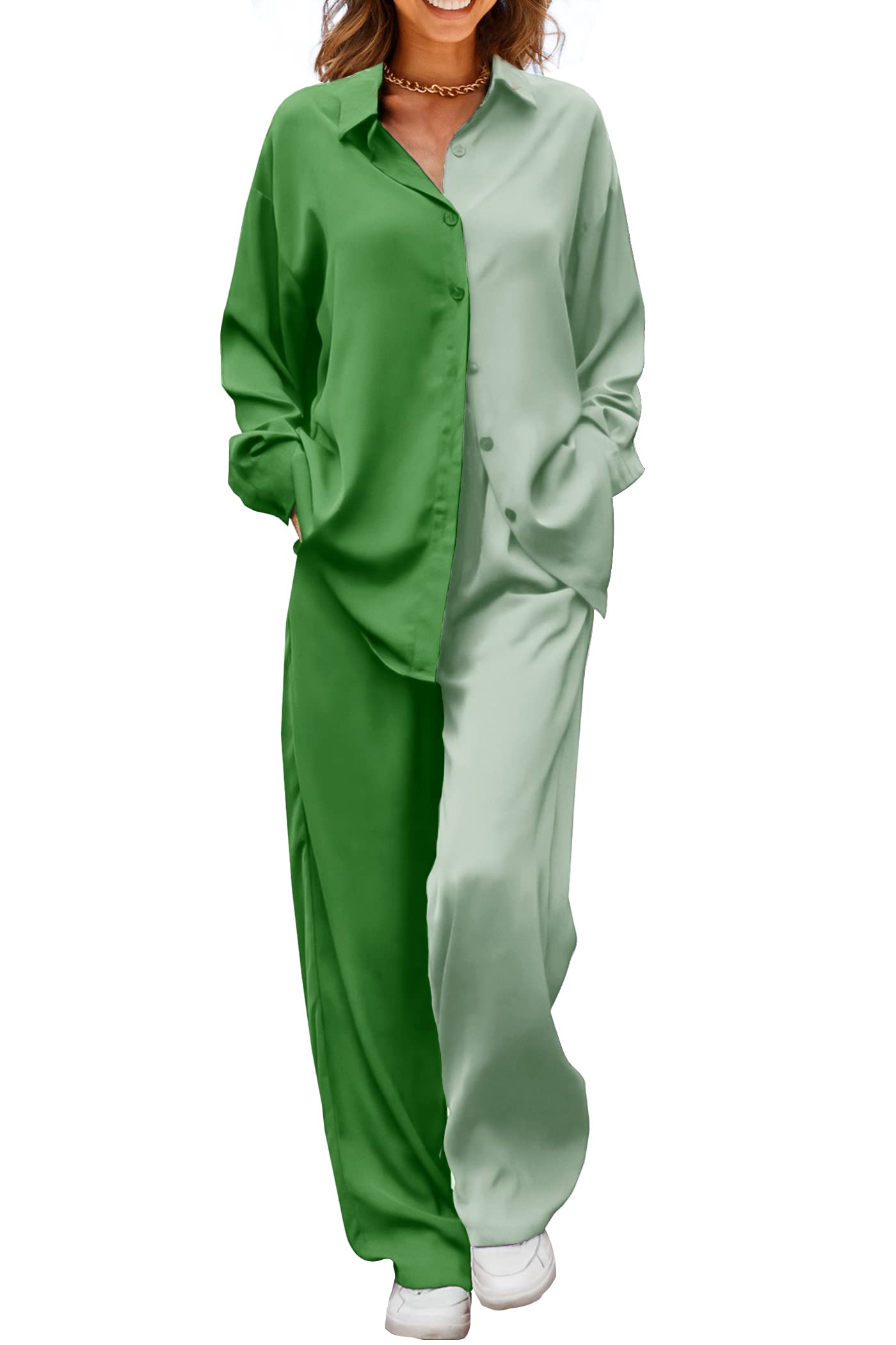 PRETTYGARDEN Women's 2 Piece Satin Outfits Long Sleeve Button Down Tops Wide Leg Pants Silk Loungewear Pajama Sets (Grass Green_Light Green,Medium)