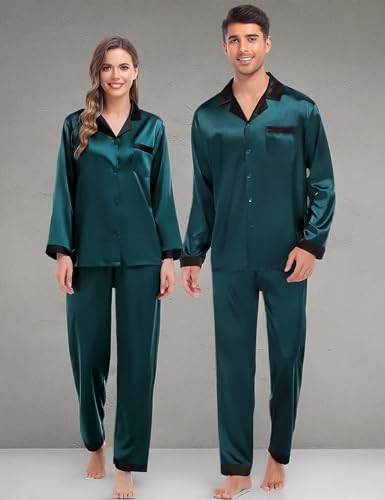 SWOMOG Couples Pajama Sets Women & Men Silky Satin Long Sleeve Sleepwear Classic Button Down Soft Loungewear Pjs Set Women Deep Green Large