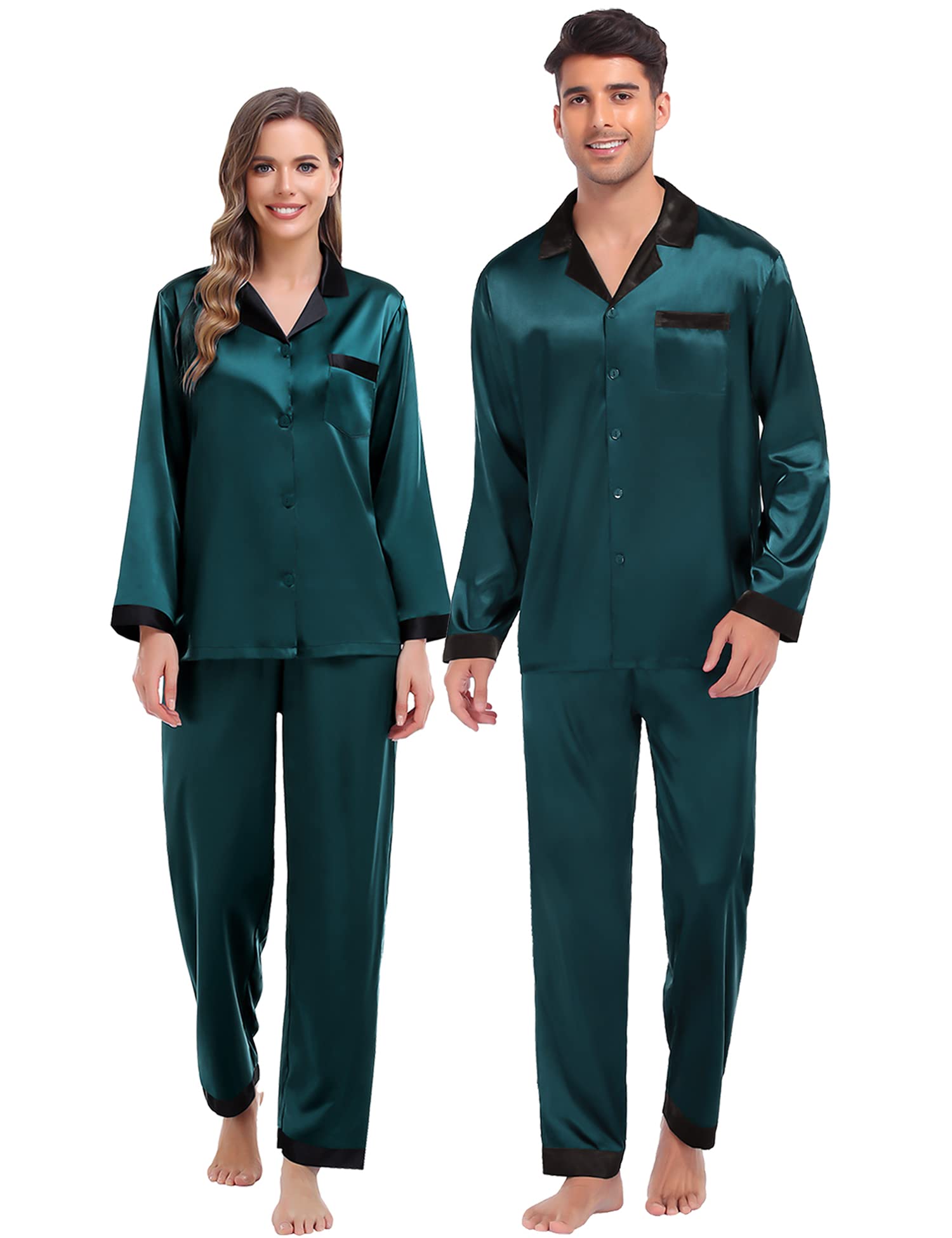SWOMOG Couples Pajama Sets Women & Men Silky Satin Long Sleeve Sleepwear Classic Button Down Soft Loungewear Pjs Set Women Deep Green Large