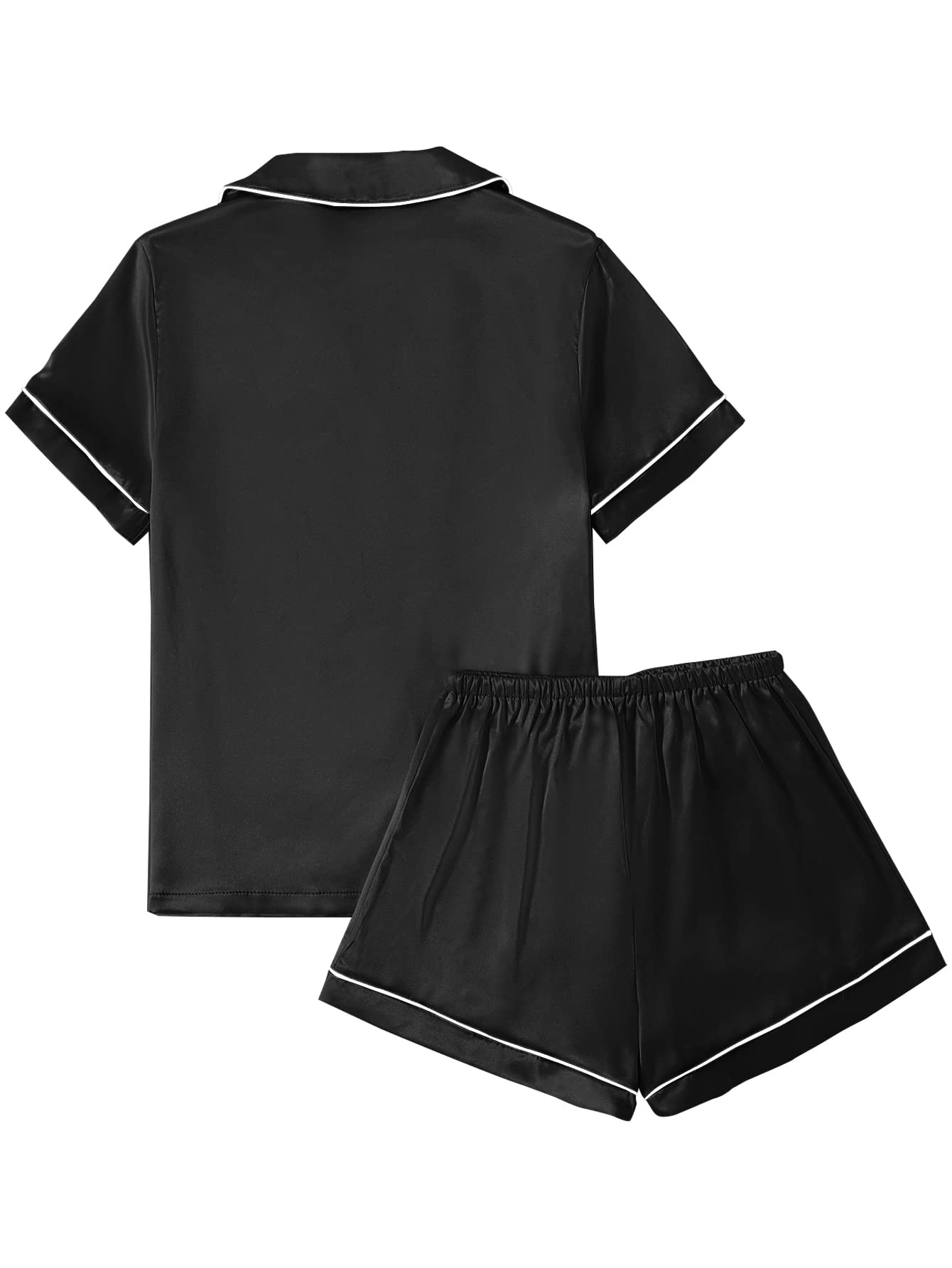 LYANER Women's Satin Pajamas Set Short Sleeve Button Shirt Silky Sleepwear with Shorts Set PJ Black Small