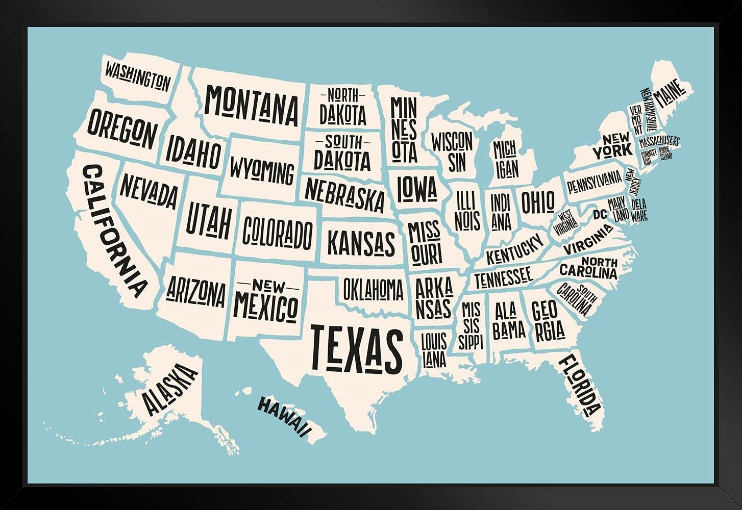 USA United States Map States With State Names Decorative Travel World Map with Detail Map Posters for Wall Map Art Wall Decor Geographical Illustration Tourist Black Wood Framed Wall Art 20x14