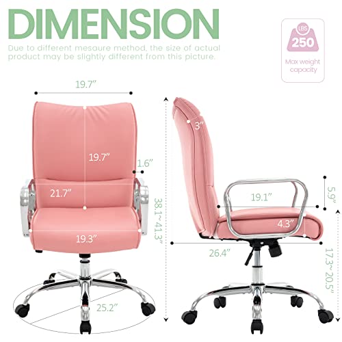 MFD LIVING Home Office Chair, Modern Upholstered Mid-Back PU Leather Task Desk Chair with Arms, Adjustable Rocking Swivel Computer Chair with Wheels (Pink)