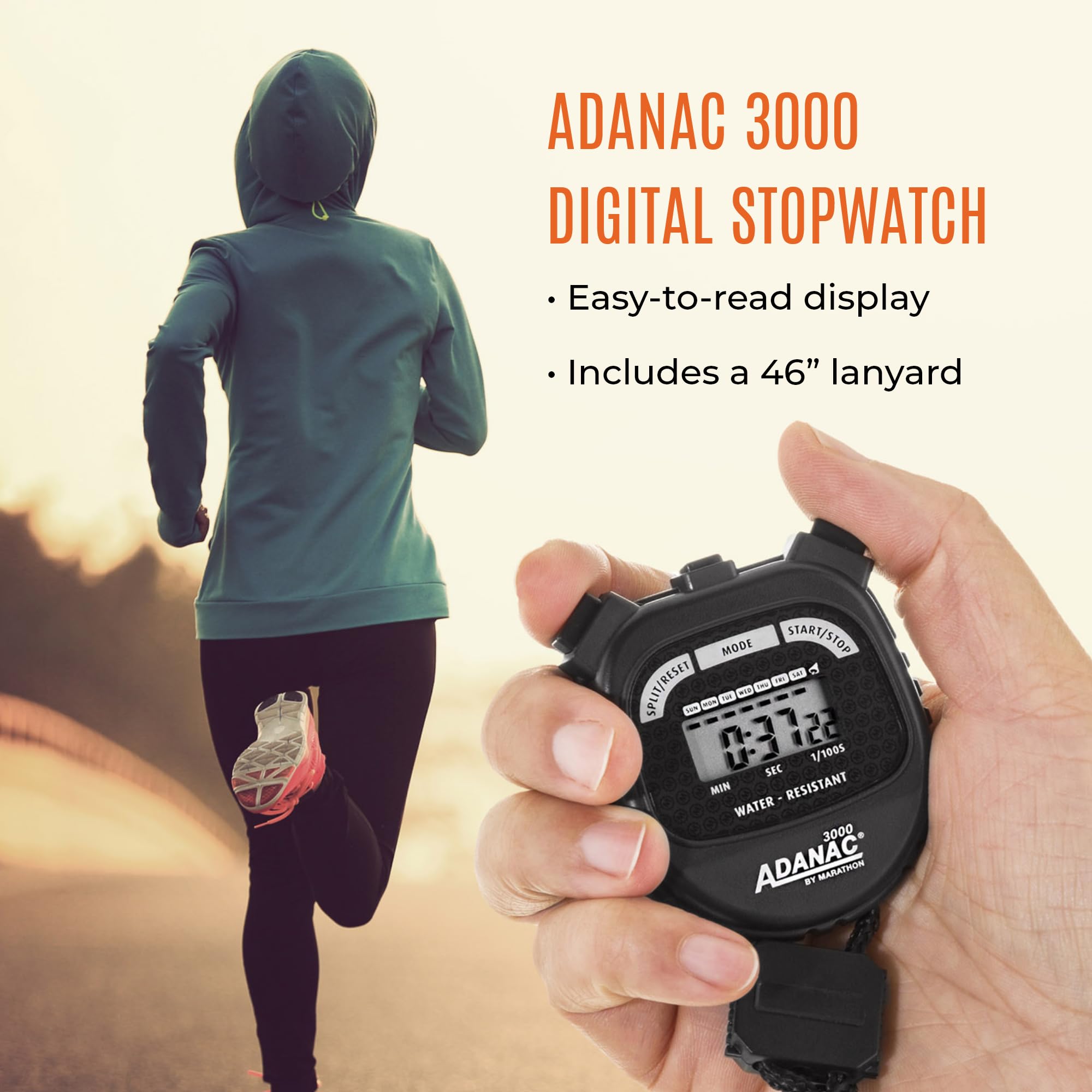 Marathon Adanac 3000 Digital Stopwatch Timer, Black - High Precision Accuracy to 1/100th Seconds - Water, Dust & Shock Resistant - 46β Lanyard Included