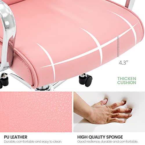 MFD LIVING Home Office Chair, Modern Upholstered Mid-Back PU Leather Task Desk Chair with Arms, Adjustable Rocking Swivel Computer Chair with Wheels (Pink)
