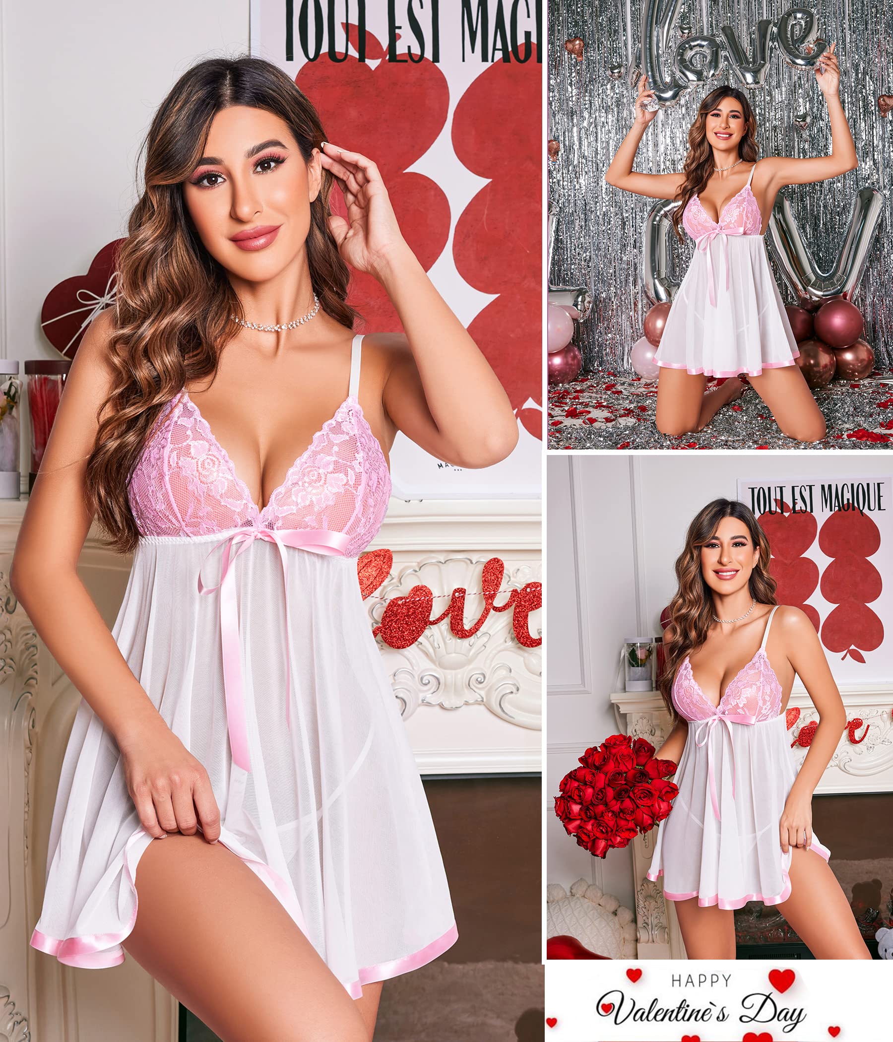 Avidlove Women White Lingerie Lace Babydoll Strap Sleepwear Sheer Chemise V neck Teddy White S