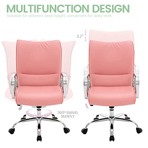 MFD LIVING Home Office Chair, Modern Upholstered Mid-Back PU Leather Task Desk Chair with Arms, Adjustable Rocking Swivel Computer Chair with Wheels (Pink)