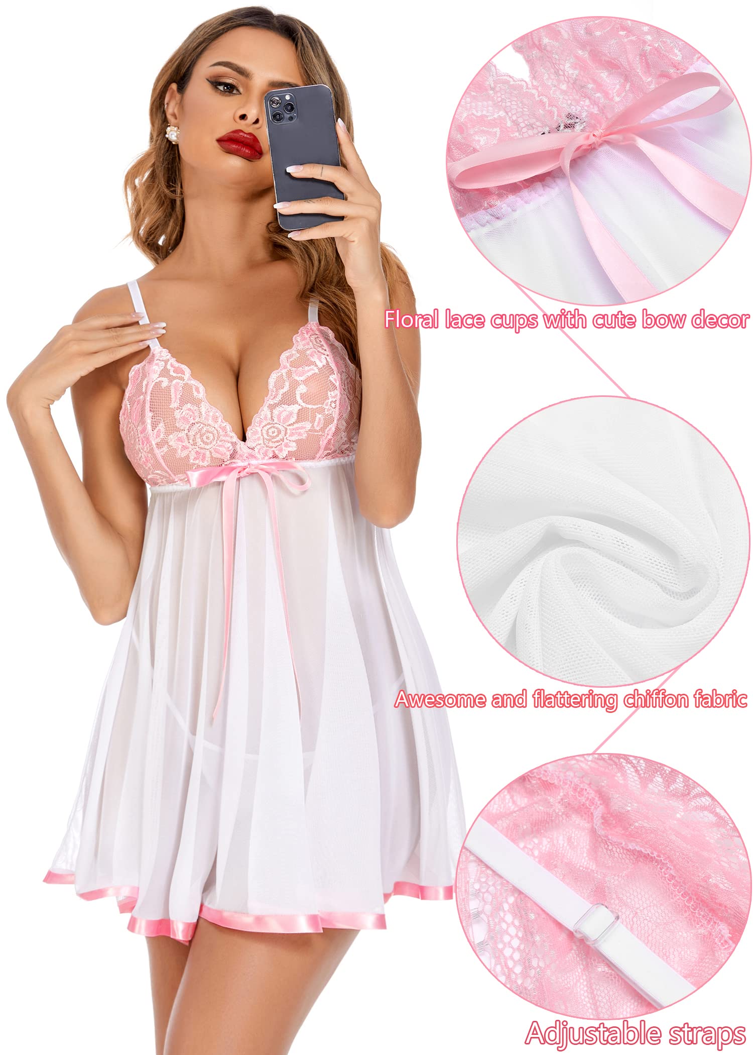 Avidlove Women White Lingerie Lace Babydoll Strap Sleepwear Sheer Chemise V neck Teddy White S