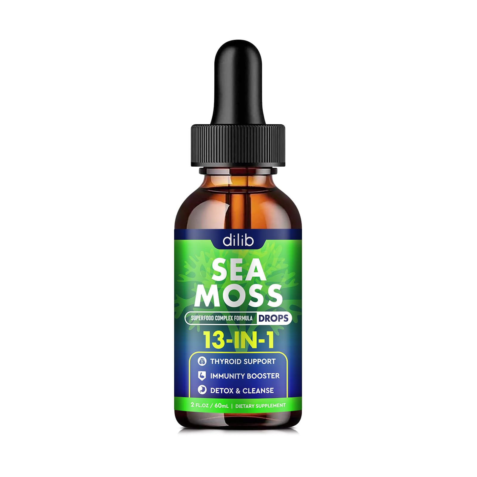 dilib Irish Sea Moss Liquid Drops: 4000mg, Organic Bladderwrack, and Burdock Root, Spirulina, Thyroid Support, Support for Digestion and Skin, Joint Health, Herbal Supplements-2 Fl Oz, Vegan