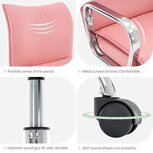 MFD LIVING Home Office Chair, Modern Upholstered Mid-Back PU Leather Task Desk Chair with Arms, Adjustable Rocking Swivel Computer Chair with Wheels (Pink)