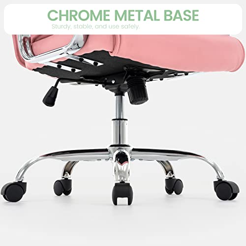 MFD LIVING Home Office Chair, Modern Upholstered Mid-Back PU Leather Task Desk Chair with Arms, Adjustable Rocking Swivel Computer Chair with Wheels (Pink)