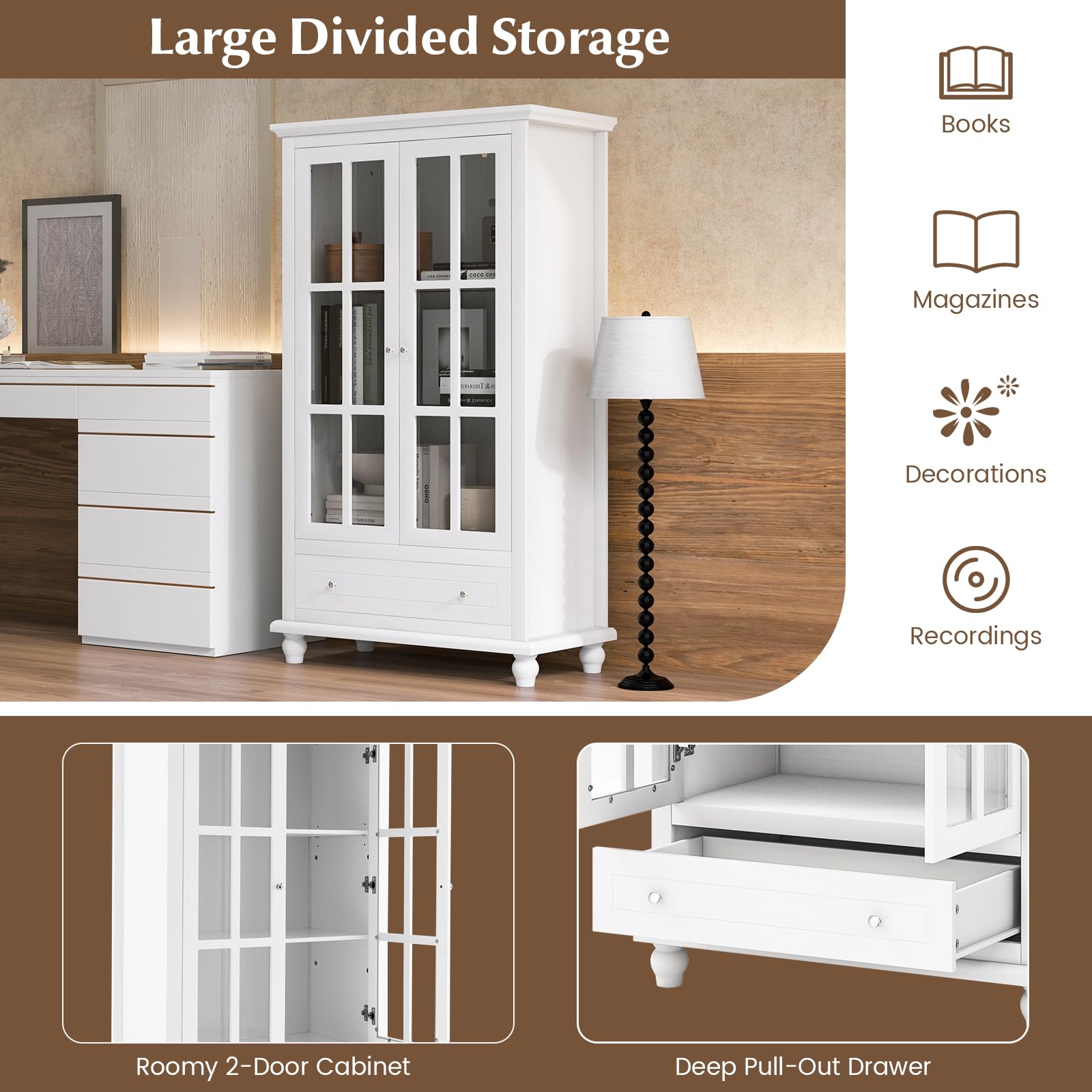 Giantex 55" White Bookcase with Doors and Drawer, Tall Wooden Bookshelf Organizer with Adjustable Shelves, Freestanding Glass Display Storage Cabinet for Living Room Bedroom Kitchen Pantry