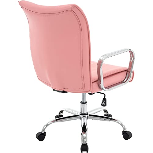 MFD LIVING Home Office Chair, Modern Upholstered Mid-Back PU Leather Task Desk Chair with Arms, Adjustable Rocking Swivel Computer Chair with Wheels (Pink)