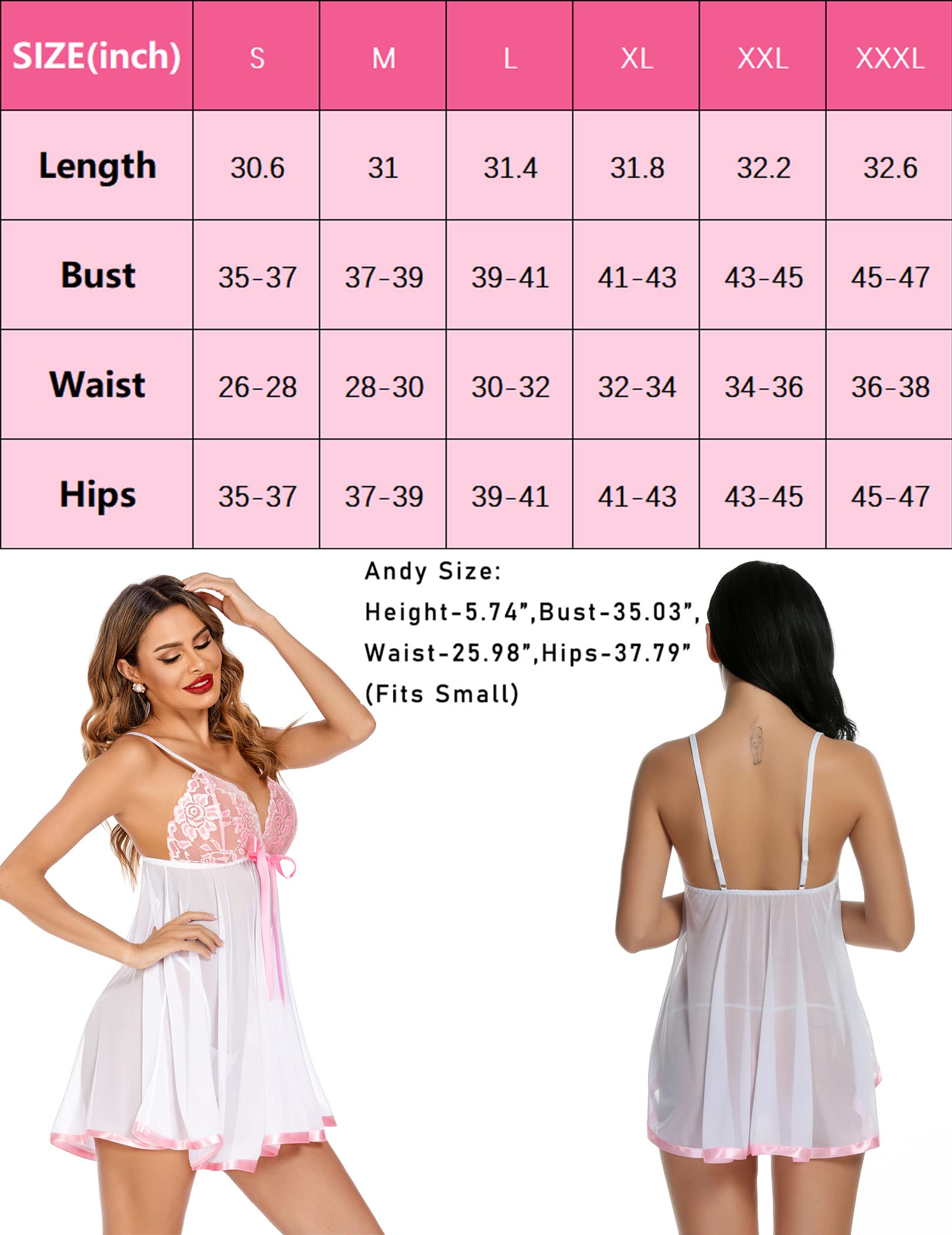 Avidlove Women White Lingerie Lace Babydoll Strap Sleepwear Sheer Chemise V neck Teddy White S