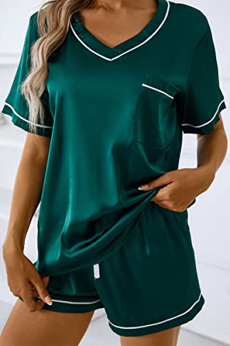 CHYRII Women Silk Pajamas Sets Soft Satin Two Piece Pj Sets Short Sleeve and Shorts Loungwear Sets Sleepwear Green M