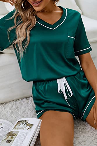 CHYRII Women Silk Pajamas Sets Soft Satin Two Piece Pj Sets Short Sleeve and Shorts Loungwear Sets Sleepwear Green M