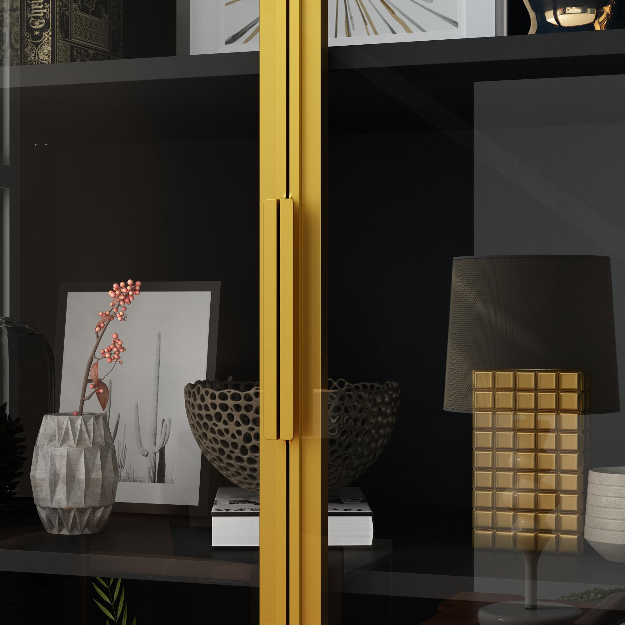 ECACAD Modern Bookcase Storage Cabinet with 2 Glass Doors and 3 Ripple Drawers, Wood Bookshelf Display Cabinet with Metal Legs for Living Room & Office, Black (31.5”L x 15.7”W x 71.9”H)