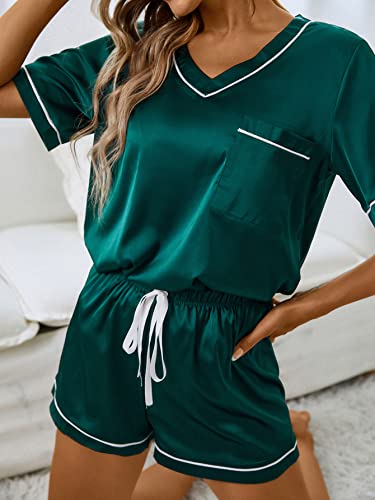 CHYRII Women Silk Pajamas Sets Soft Satin Two Piece Pj Sets Short Sleeve and Shorts Loungwear Sets Sleepwear Green M