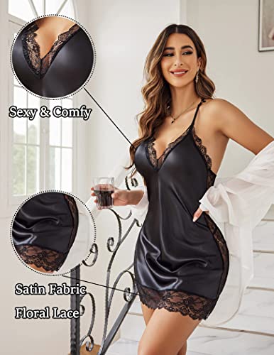 Avidlove Women's Slips Lingerie Nightgown Satin Lace Chemise Sexy Sleepwear S-4XL (Medium, Black)