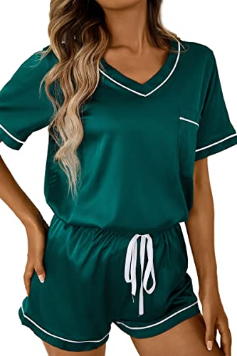 CHYRII Women Silk Pajamas Sets Soft Satin Two Piece Pj Sets Short Sleeve and Shorts Loungwear Sets Sleepwear Green M