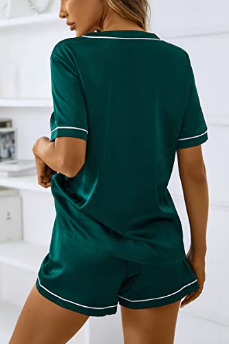 CHYRII Women Silk Pajamas Sets Soft Satin Two Piece Pj Sets Short Sleeve and Shorts Loungwear Sets Sleepwear Green M