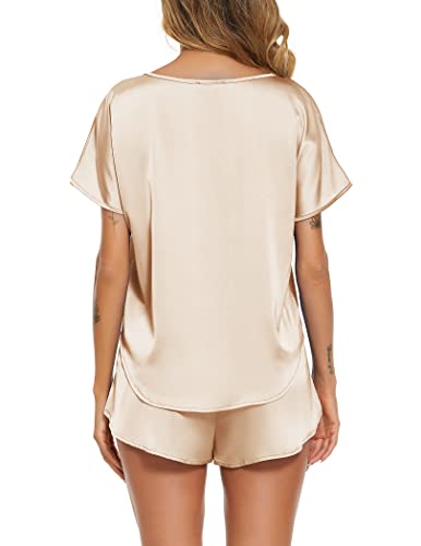 Ekouaer Women Satin Pajama Set Short Sleeve Lightweight Silk Pajama Set 2 Piece Lounge Sets with Shorts Champagne
