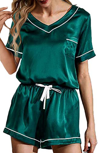 CHYRII Women Silk Pajamas Sets Soft Satin Two Piece Pj Sets Short Sleeve and Shorts Loungwear Sets Sleepwear Green M