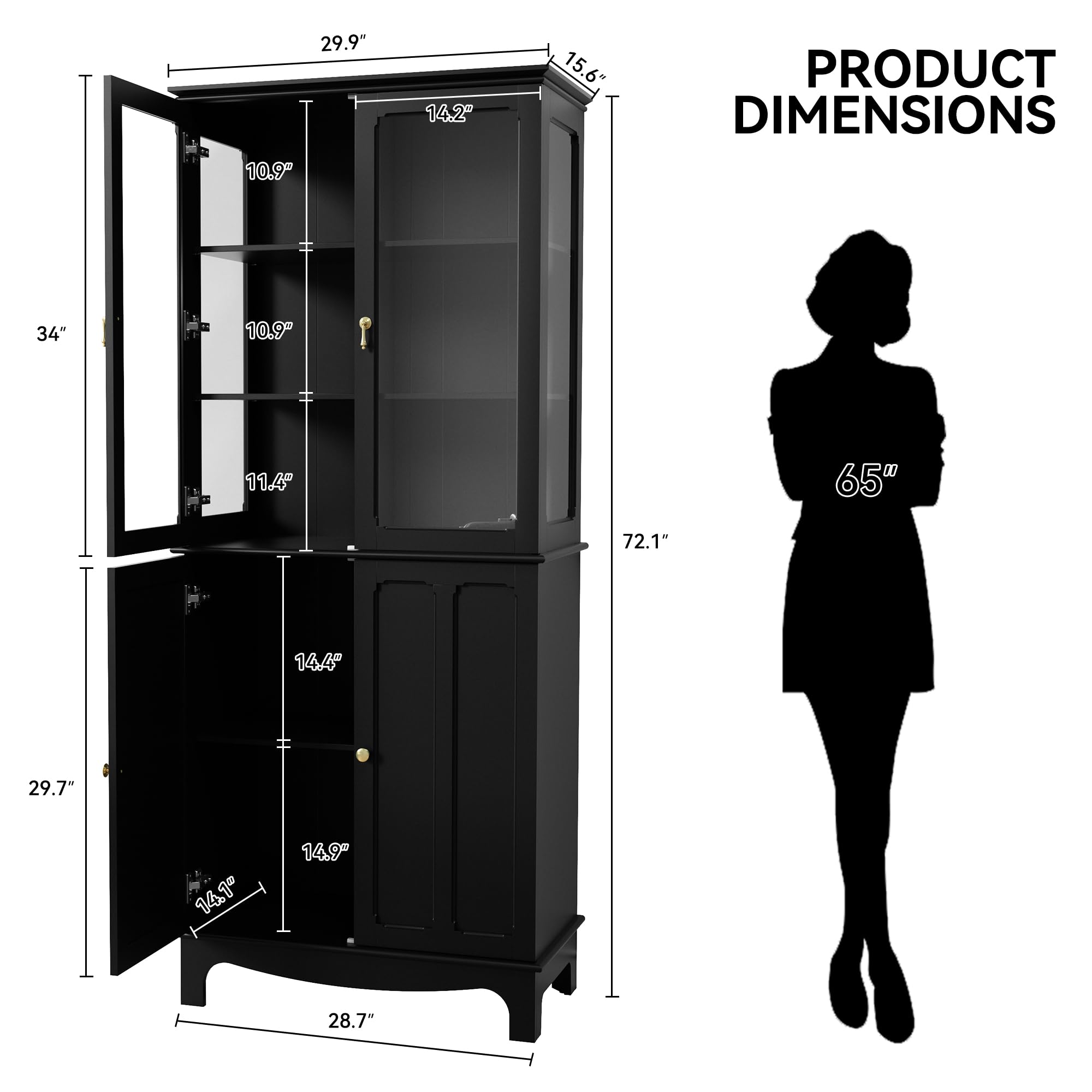 ARTPOWER 72" Freestanding Kitchen Pantry Storage Sideboard, Classical Tall Cabinet with Glass Door and Adjustable Shelves for Kitchen, Livingroom and Dining Room, Black
