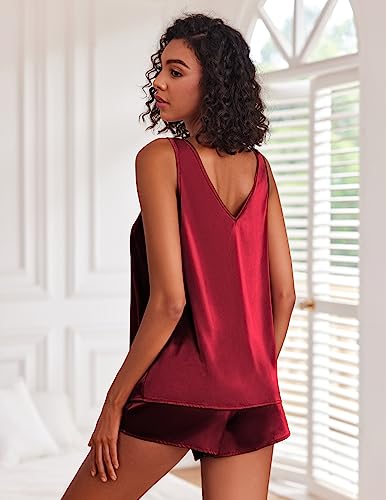 Ekouaer Pjs Shorts Set Womens Silk Sleepwear Pajamas Tank Tops and Short Bottoms Set Satin Pjs Two Piece Nightwear Set (Wine,L)