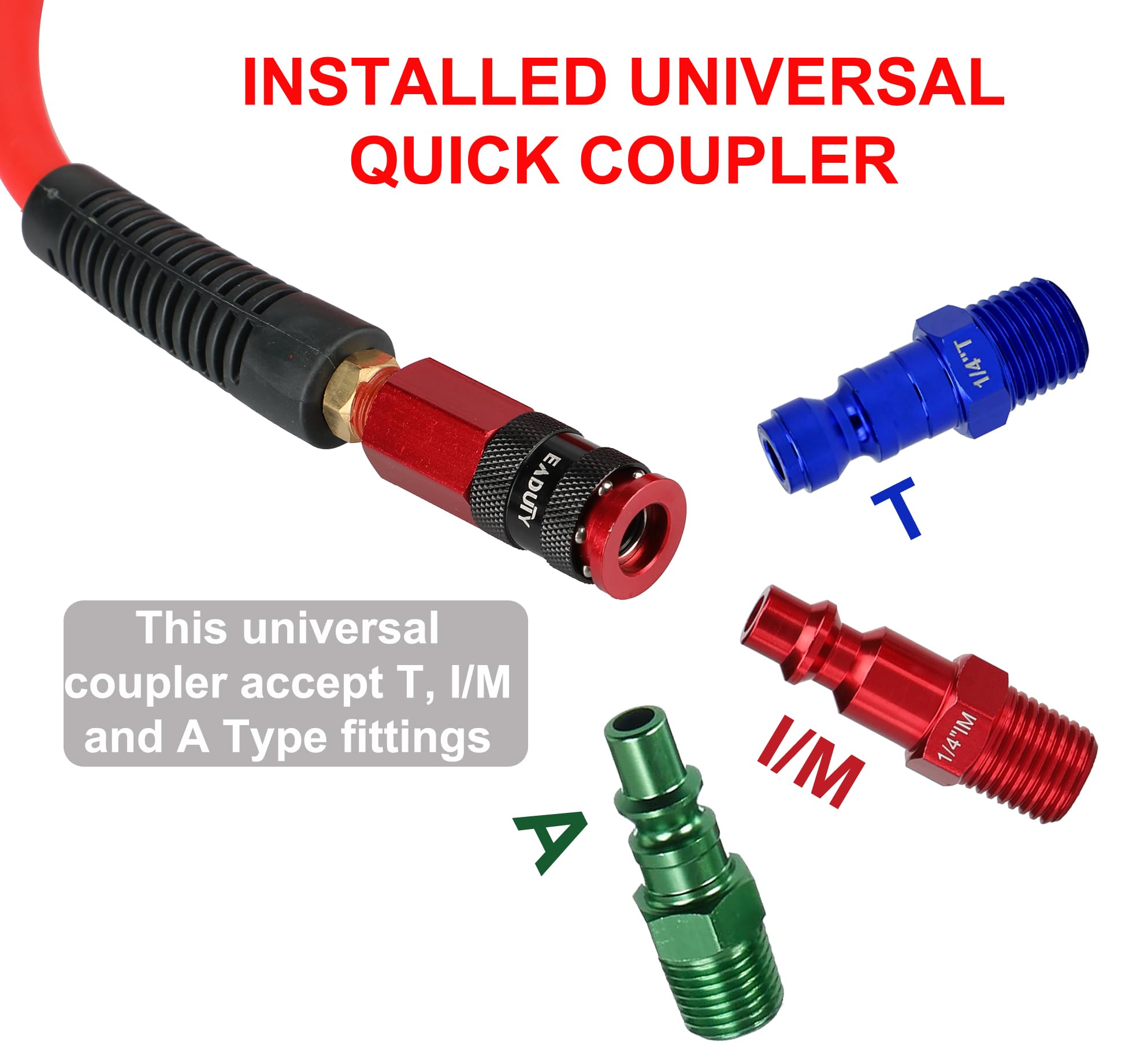 EADUTY Hybrid Air Hose 1/4 In. x 25 ft, Lightweight, Flexible, Durable Air Compressor Hose with Aluminum Universal Quick Coupler and Industrial Plug, Red