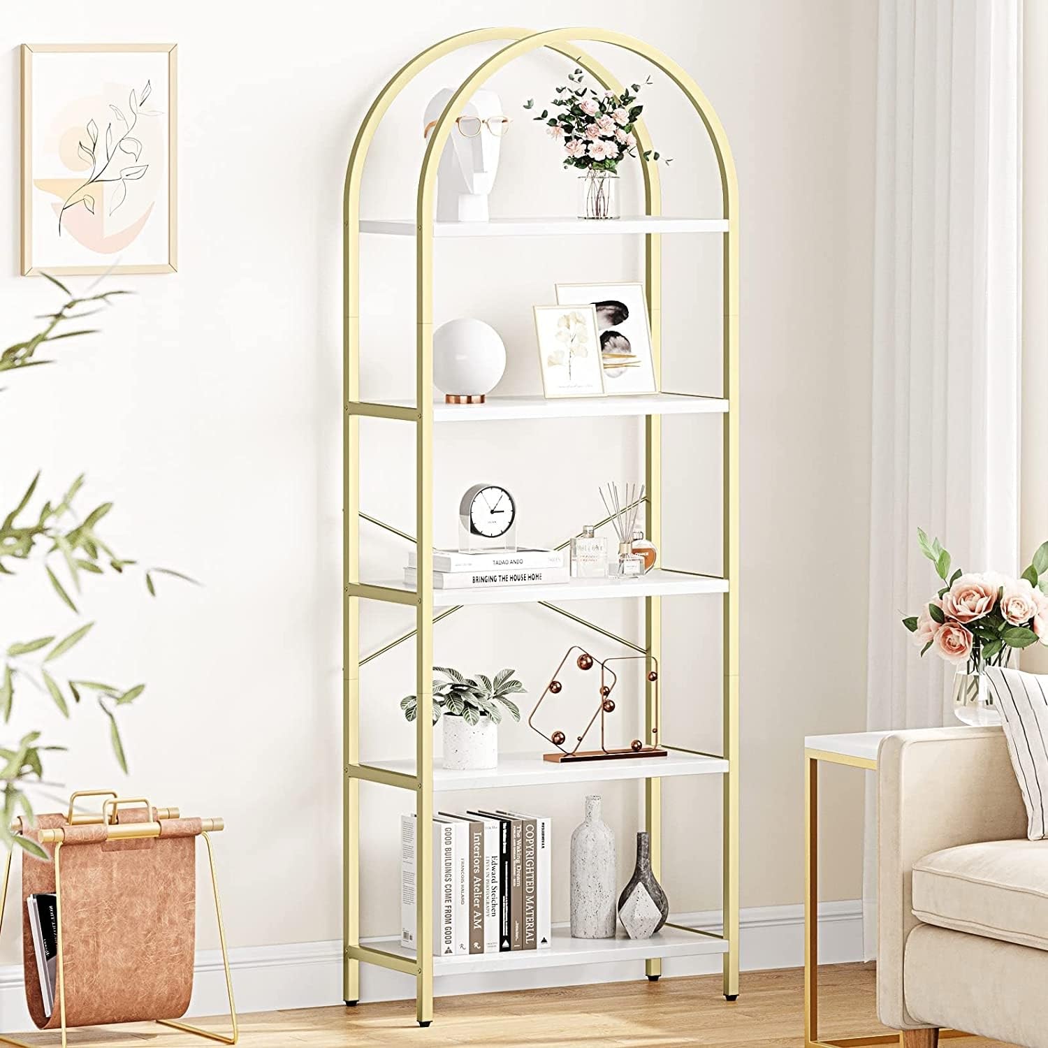 Bookshelf 5 Tier Bookcase Arched Display Racks Tall Standing Bookshelves Mental Frame Modern Storage Rack Gold Vintage Rectangular Wood Finish Solid