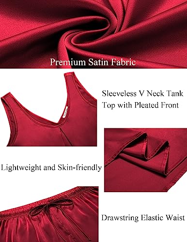 Ekouaer Pjs Shorts Set Womens Silk Sleepwear Pajamas Tank Tops and Short Bottoms Set Satin Pjs Two Piece Nightwear Set (Wine,L)
