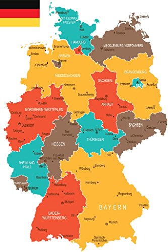 Laminated Geographical Map of Germany Travel World Map with Cities in Detail Map Posters for Wall Map Art Geographical Illustration Tourist Travel Destinations Poster Dry Erase Wall Art 24x36