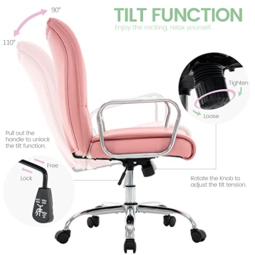 HFGI Living Home Office Chair, Modern Upholstered Mid-Back PU Leather Task Desk Chair with Arms, Adjustable Rocking Swivel Computer Chair with Wheels (Pink)