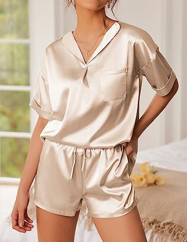 Ekouaer Satin Pajamas Set for Women Short Sleeve Silk Pj Sets Soft Sleepwear Top Champagne