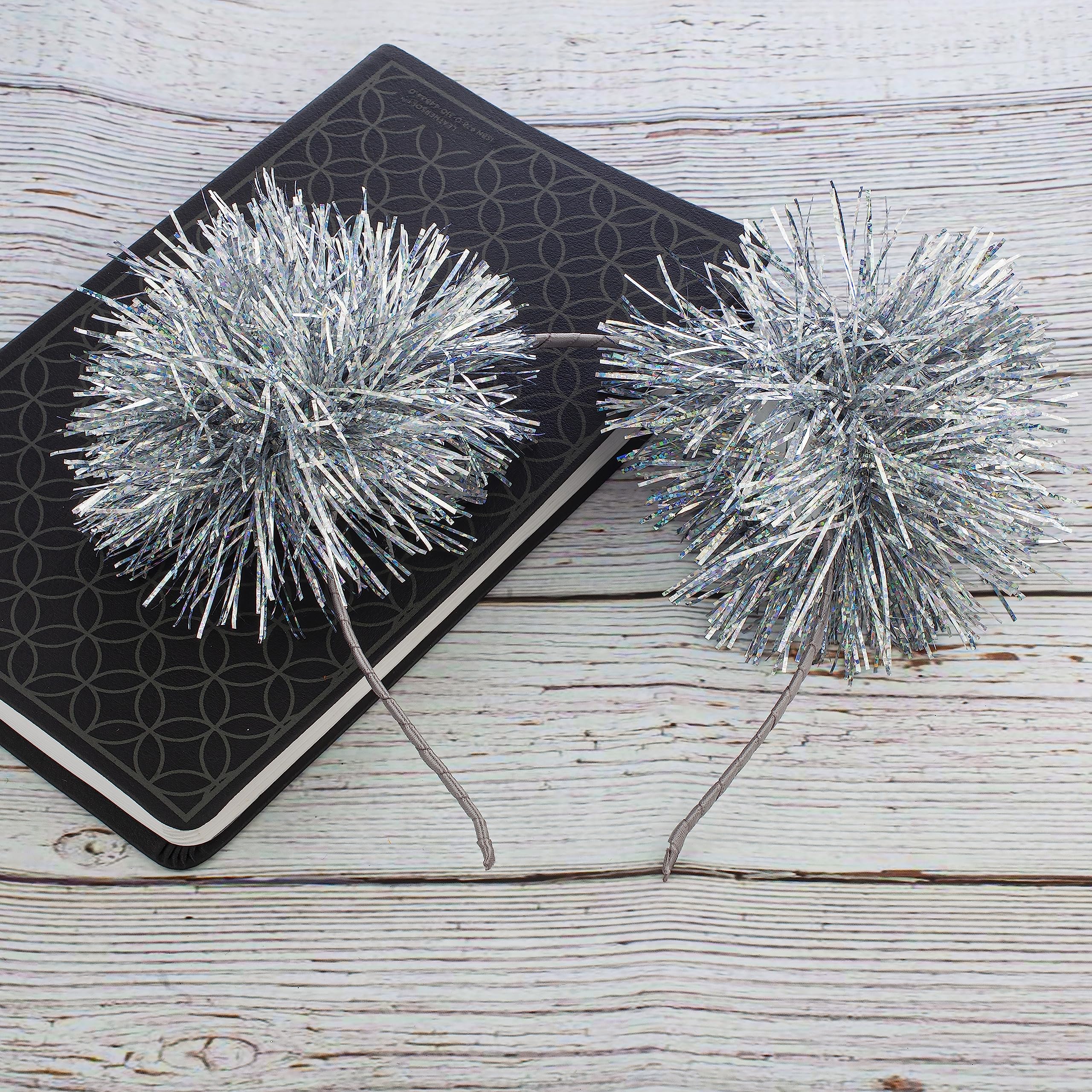 LUX ACCESSORIES Foil Strips Pom Poms Style Cat Ears Fashion Headband (SILVER)