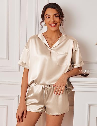 Ekouaer Satin Pajamas Set for Women Short Sleeve Silk Pj Sets Soft Sleepwear Top Champagne