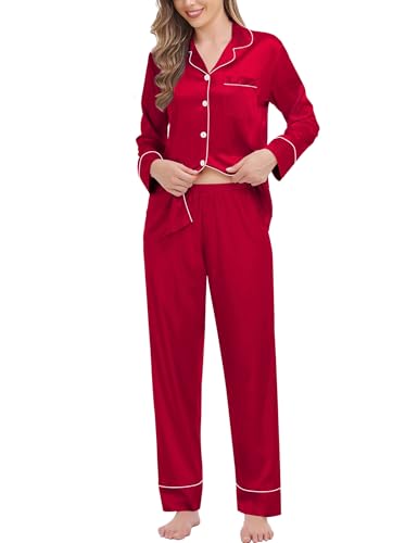 SWOMOG Womens Satin Pajamas Long Sleeve Sleepwear Silk Soft Button Down Loungewear Pjs Set S-XXL Reda Medium