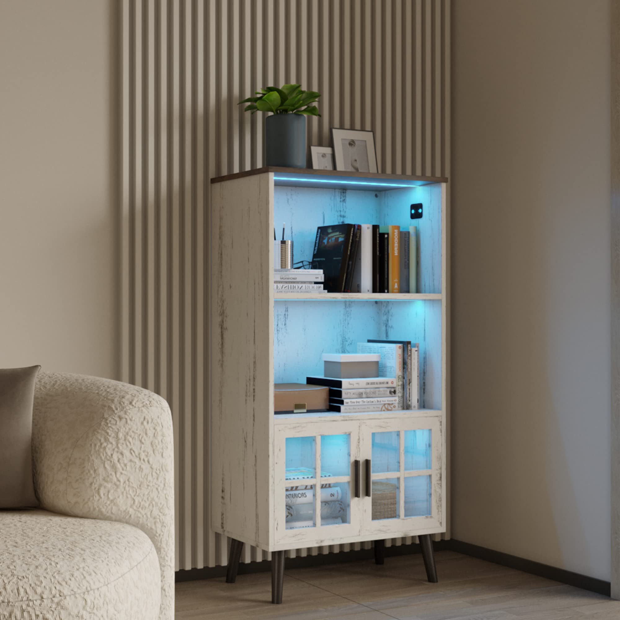 LVSOMT 3 Shelf Bookcase with LED Lights,Book Case with 2 Open Shelves, Storage Cabinet with Door, Human Body Induction Mode, Modern Wood Bookshelf for Bedroom/Living Room/Office, White