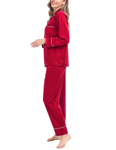 SWOMOG Womens Satin Pajamas Long Sleeve Sleepwear Silk Soft Button Down Loungewear Pjs Set S-XXL Reda Medium