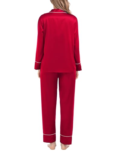 SWOMOG Womens Satin Pajamas Long Sleeve Sleepwear Silk Soft Button Down Loungewear Pjs Set S-XXL Reda Medium