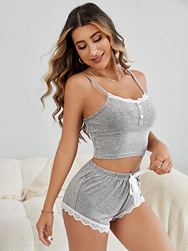 Milumia Women's Sexy 2 Pieces Pajama Set Sleeveless Lace Trim Crop Cami Top and Shorts Sleep Set Sleepwear A Grey