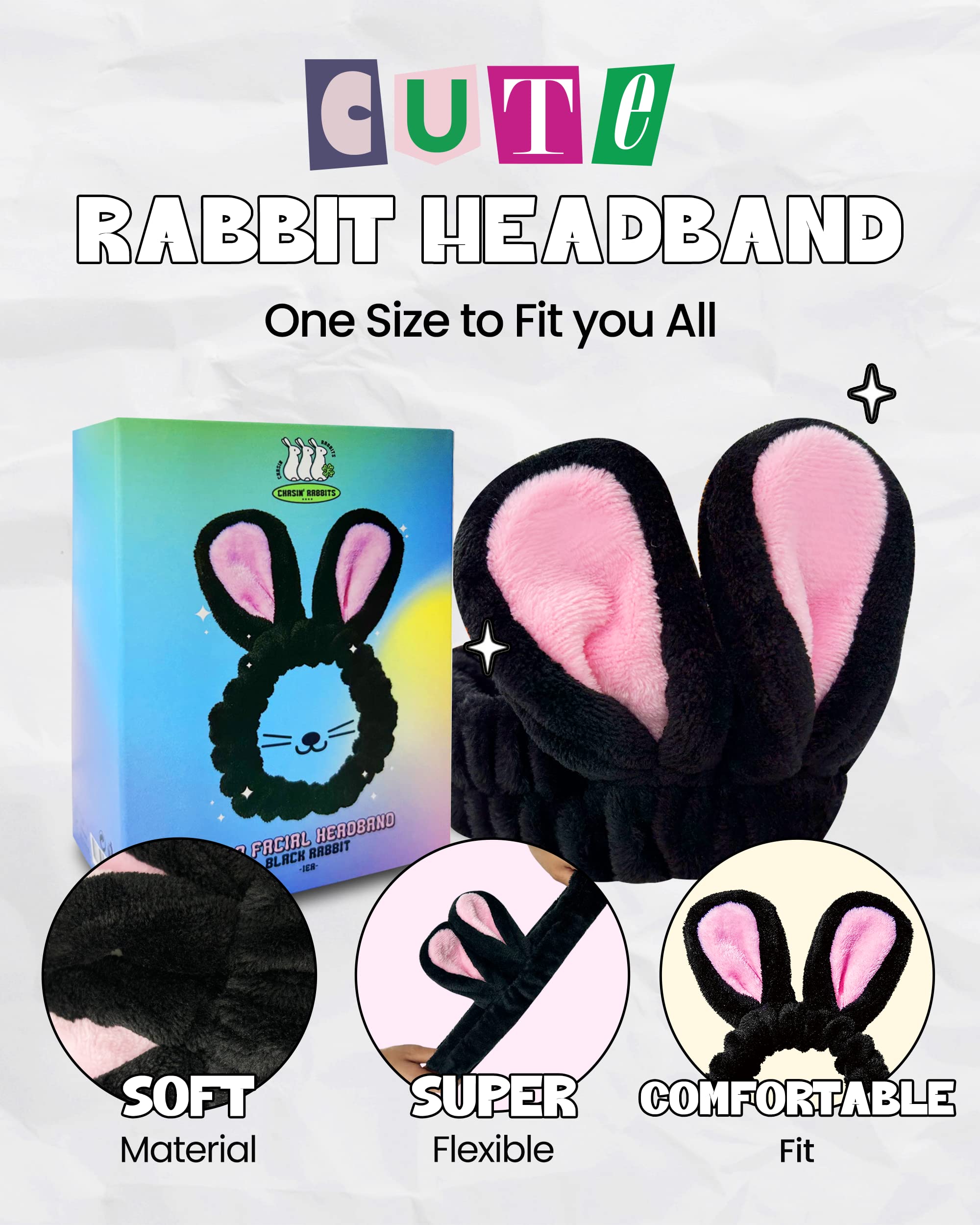 CHASIN' RABBITS Spa Hair Styling Headband - Black Rabbit | Skincare Makeup Accessory for Face Washing (8.26" x 5.5")